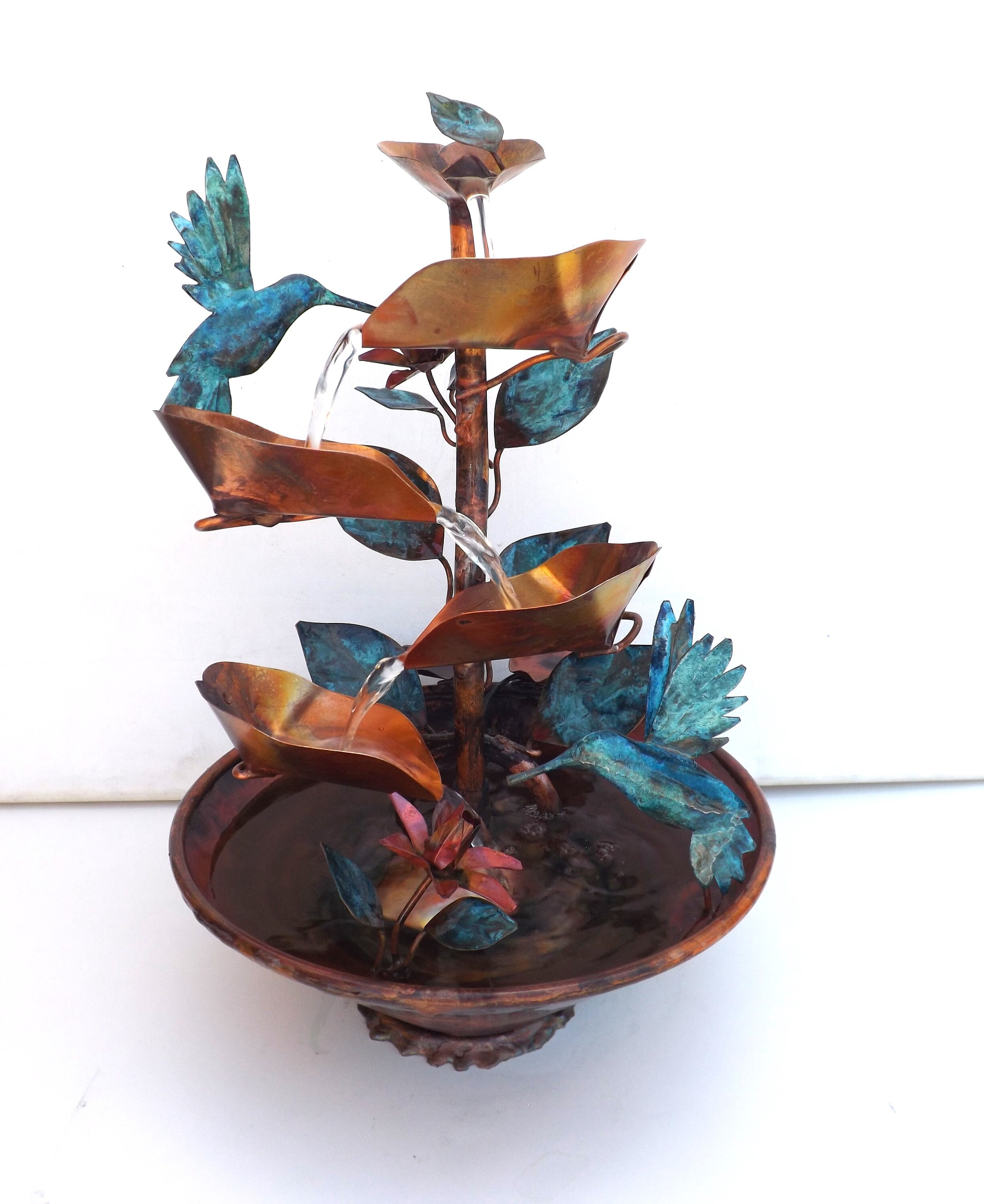 Copper Hummingbird Table Water Fountain, Hovering With Flowers for ...