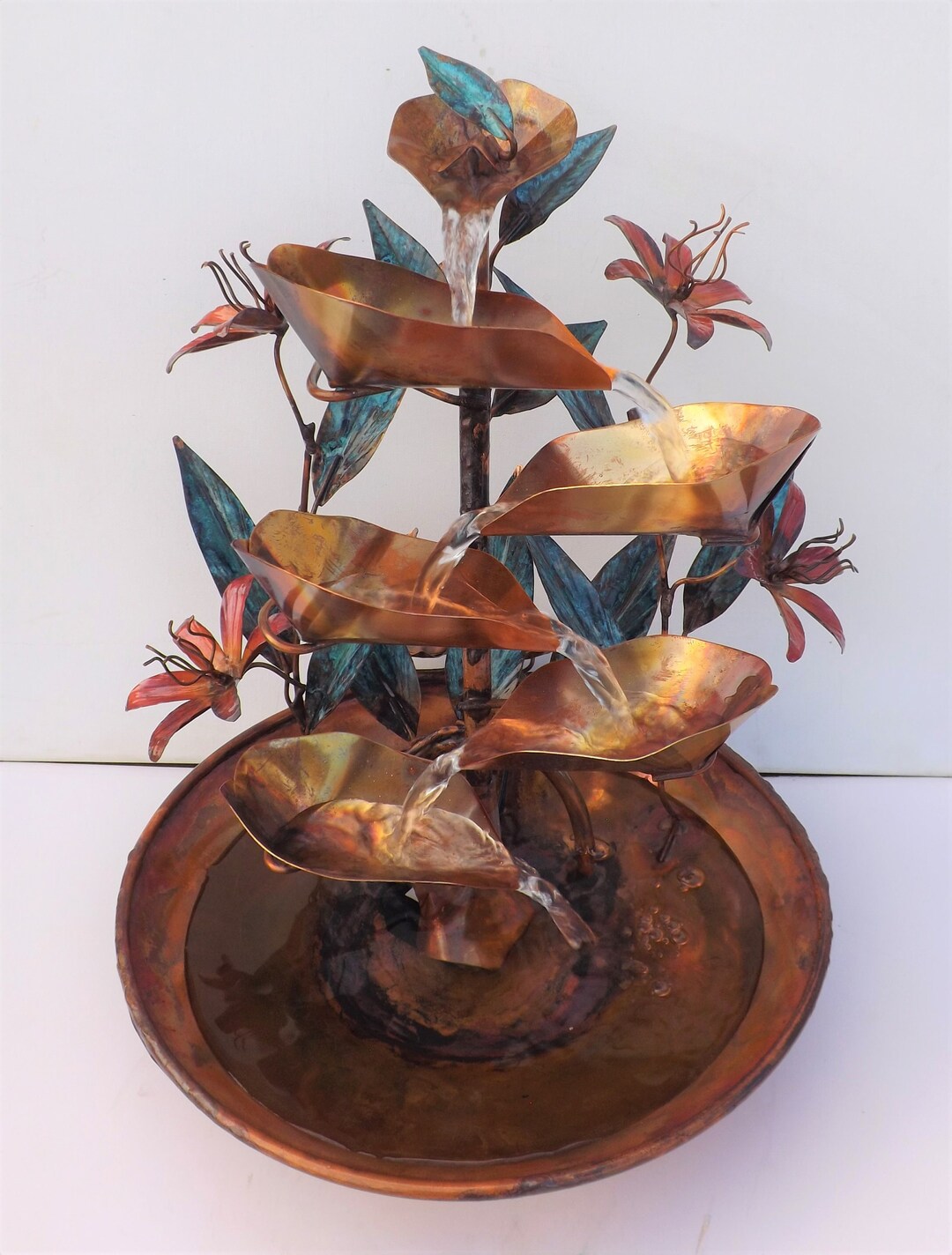 Copper Fountain, Lily Flowers and Leaves, Medium Tabletop Size made ...