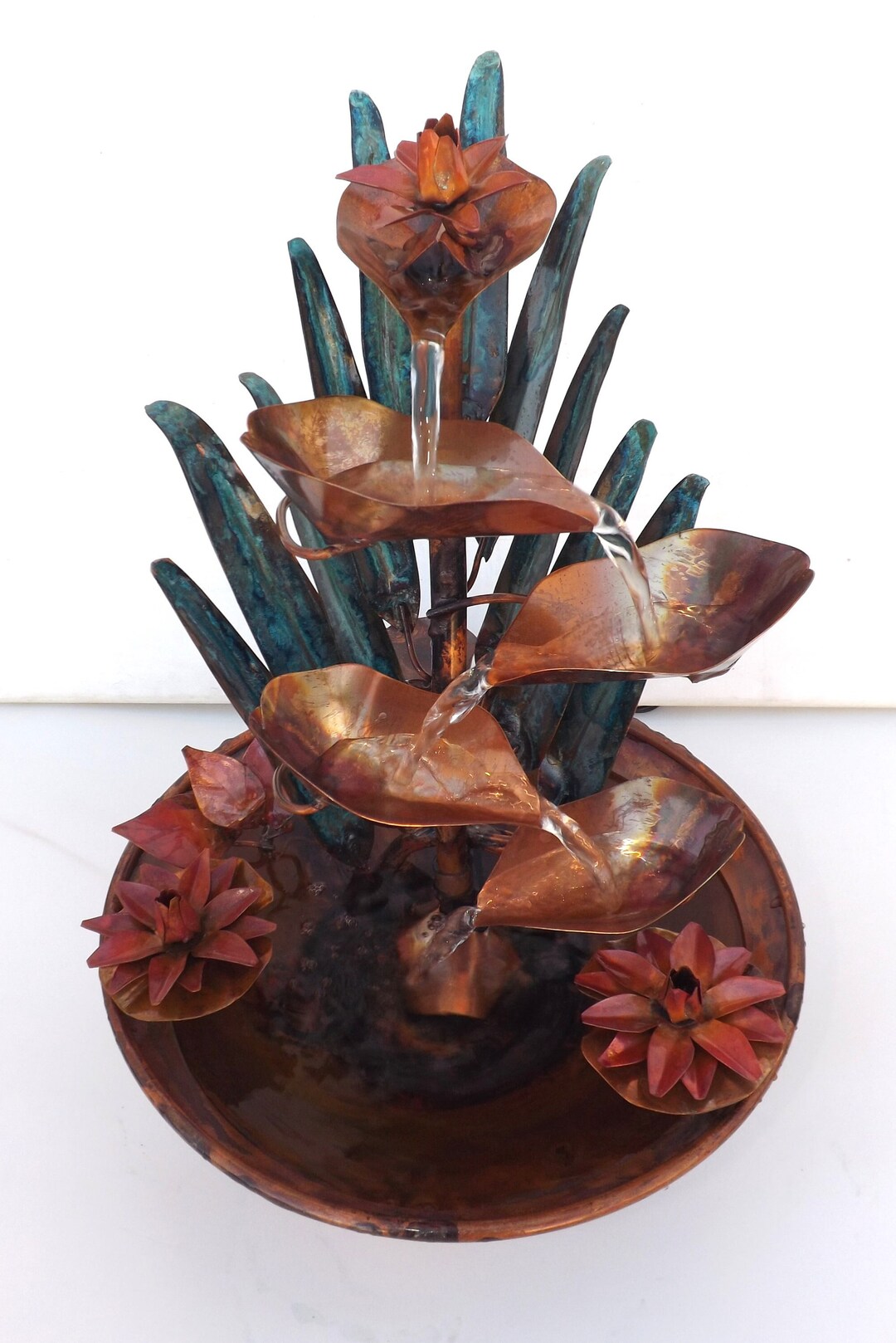 Copper Fountain, Pandan Plant Leaves and Water Lily Flowers, Small Size ...