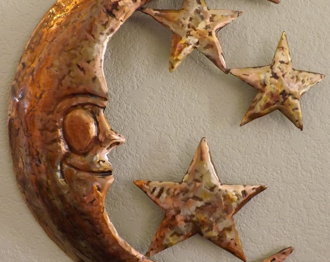 Copper Smiling Crescent Moon and Stars Wall Sculpture available/created ...