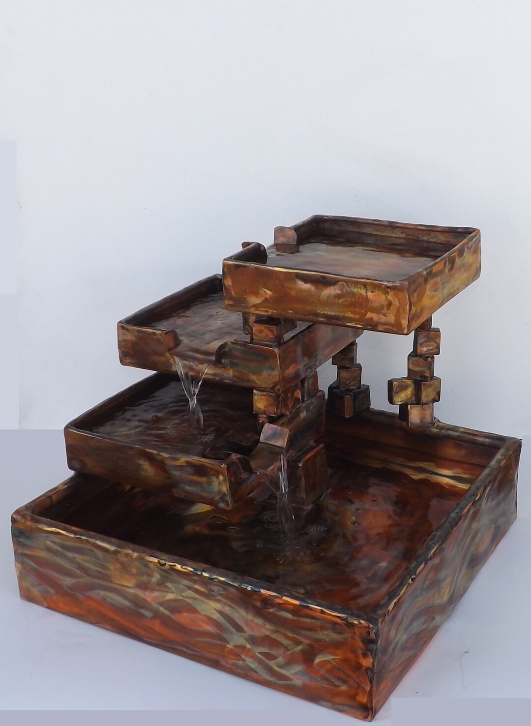Copper Cube Water Fountain, 3 Tiered Square Shaped Waterfall, Extra ...