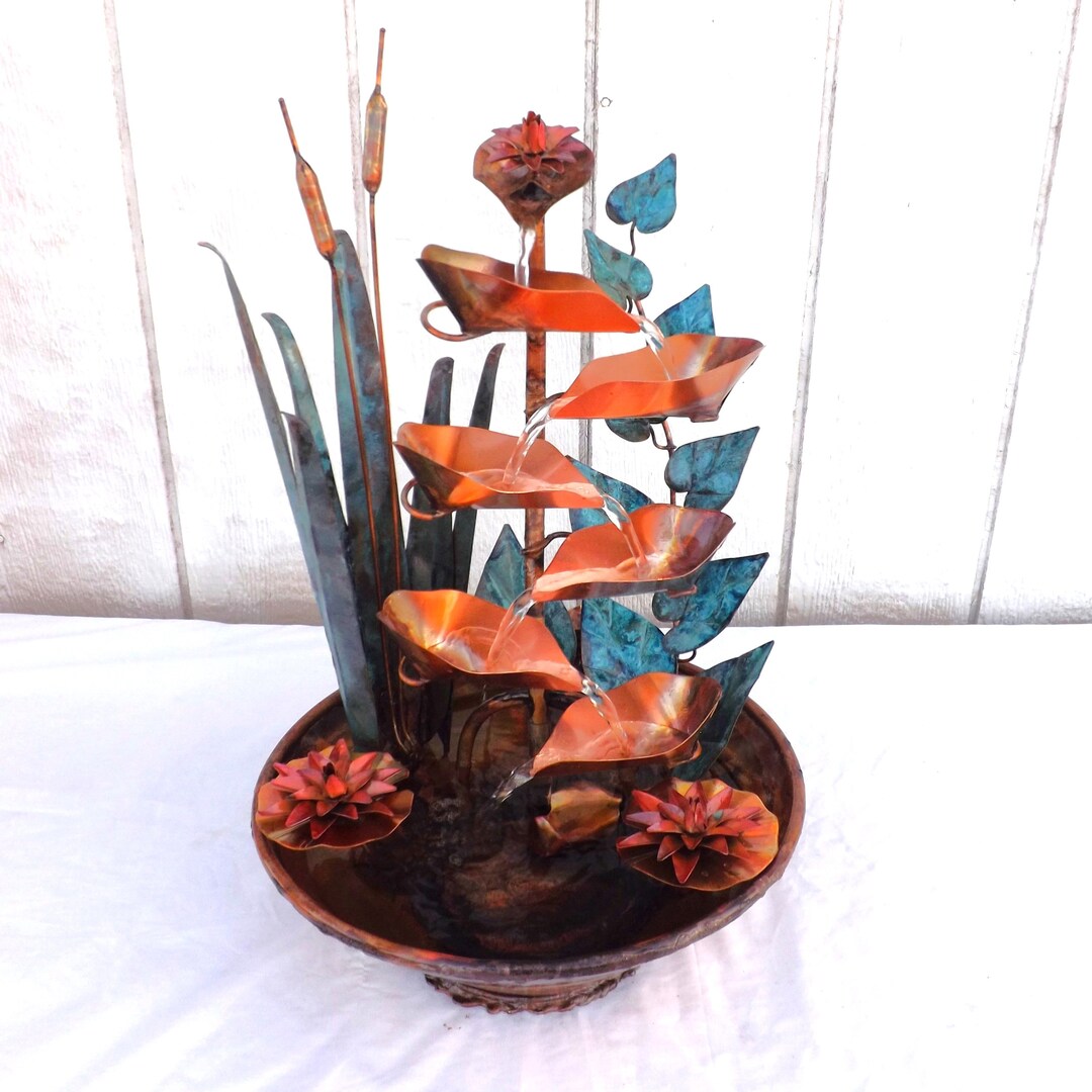Copper Leaves, Flowers Fountain W/ Tall Cattails, Water Lilies and Lily ...