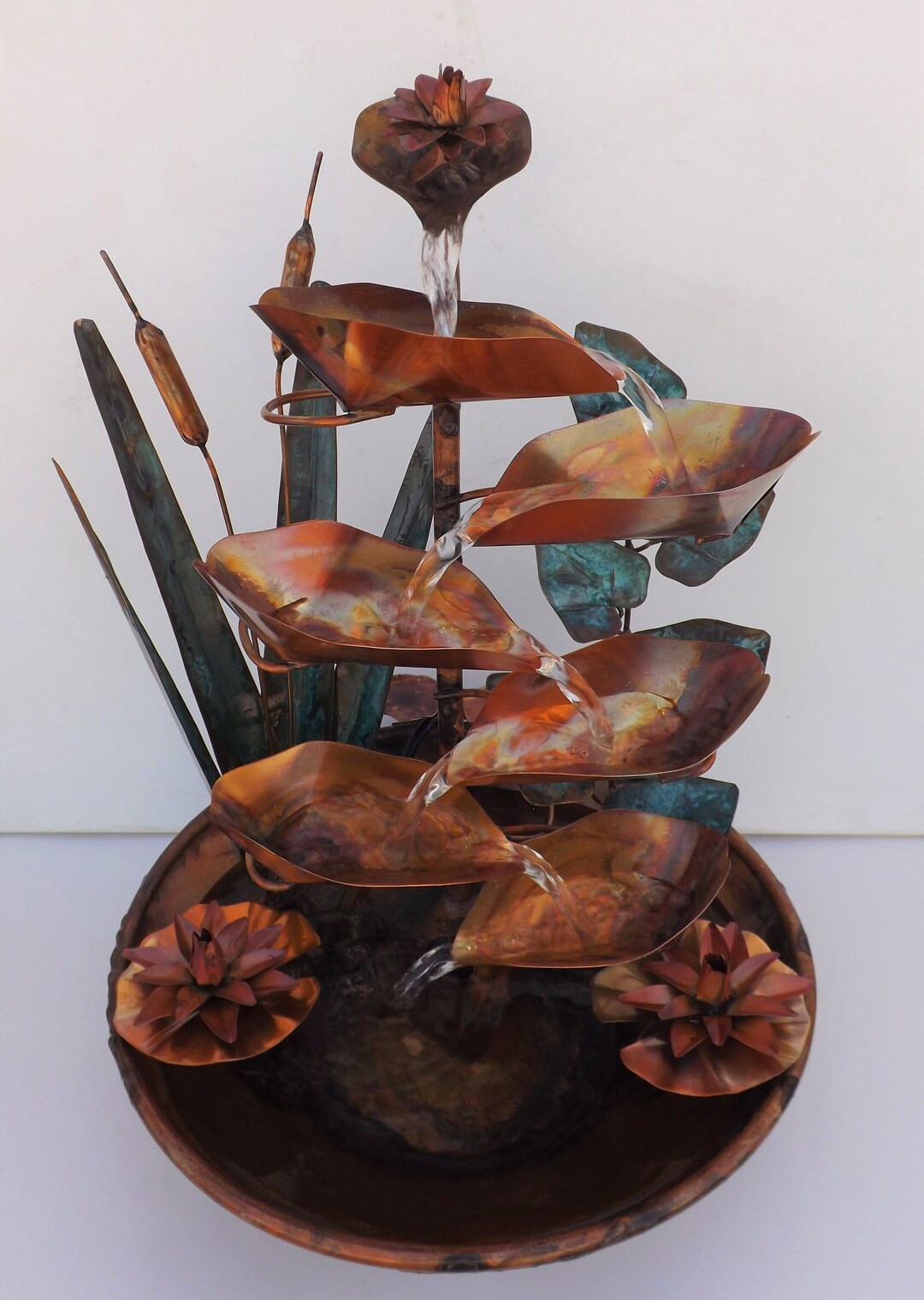 Copper Water Fountain, Large Table Size W/ Water Lilies, Lily Pads ...
