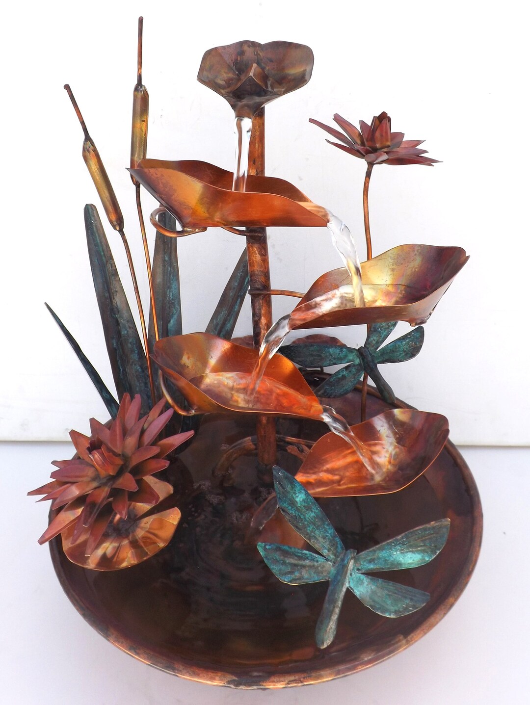 Handcrafted Copper Lotus Fountain, Water Lilies, Dragonflies, Small ...