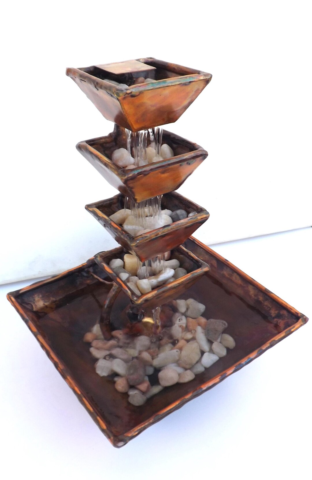 4 Tier Water Fountain, Square Tapered Flared Bowls, Small Tabletop Size ...