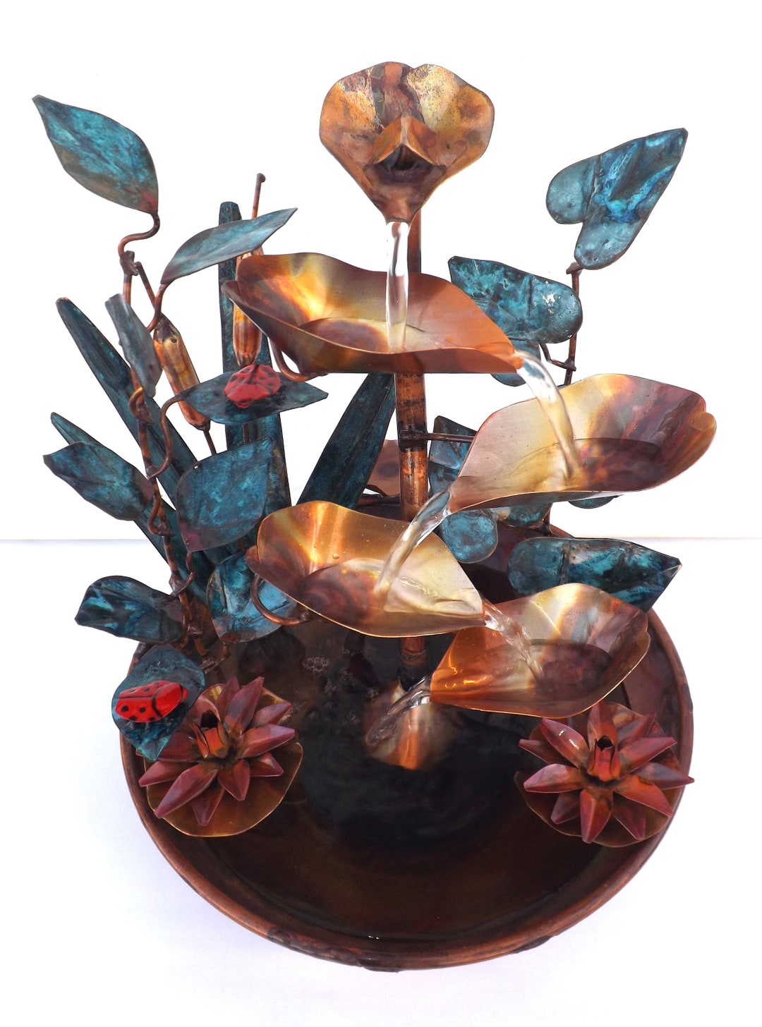 Copper Water Table Fountain, Lady Bugs, Leaf Vine, Cattails and Water ...