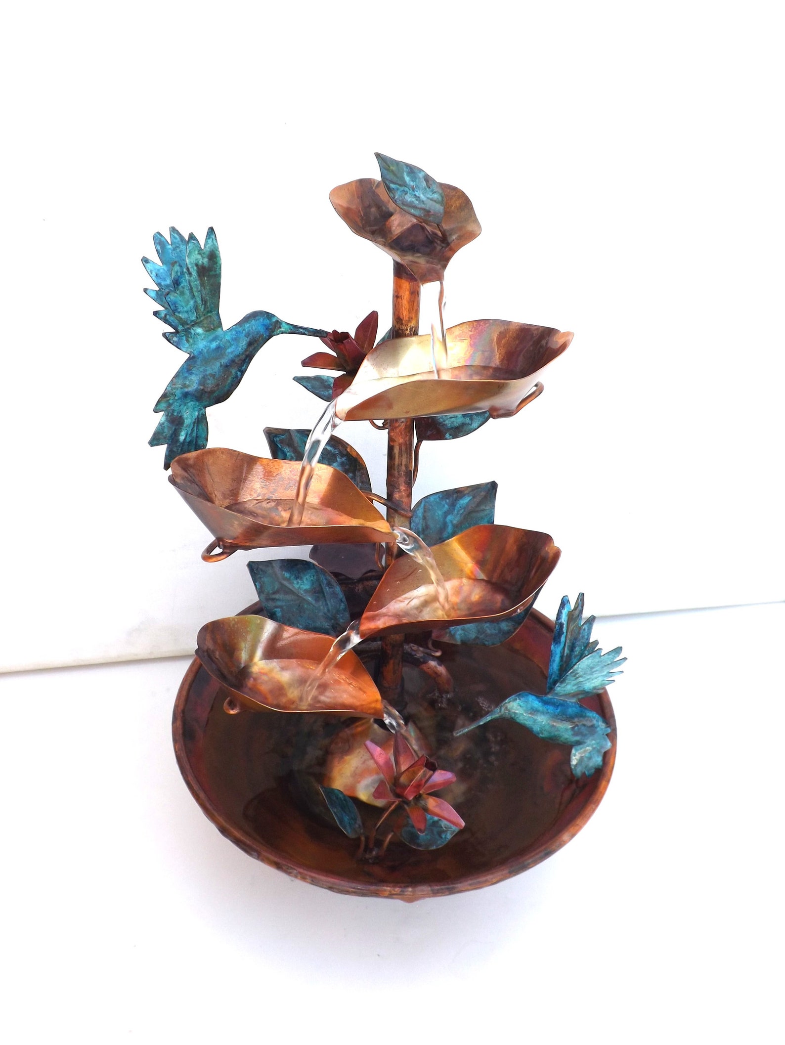 Copper Hummingbird Table Water Fountain, Hovering With Flowers for ...