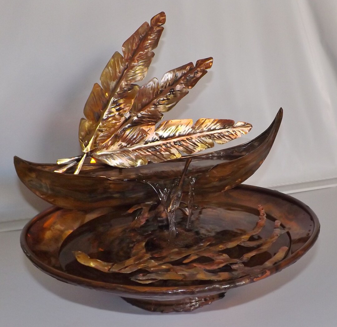 Copper Canoe Fountain With Hawk Feathers, Medium Table Size (made ...