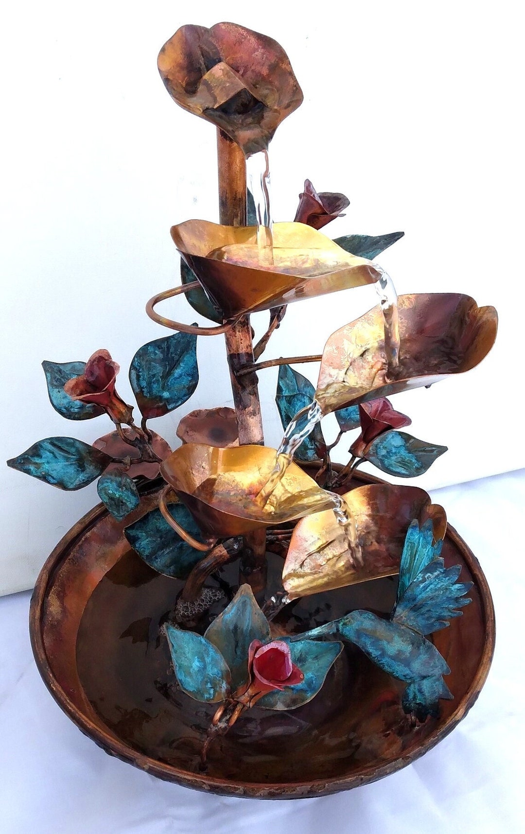 Copper Hummingbird Water Fountains, Red Trumpet Flowers, Small Tabletop ...