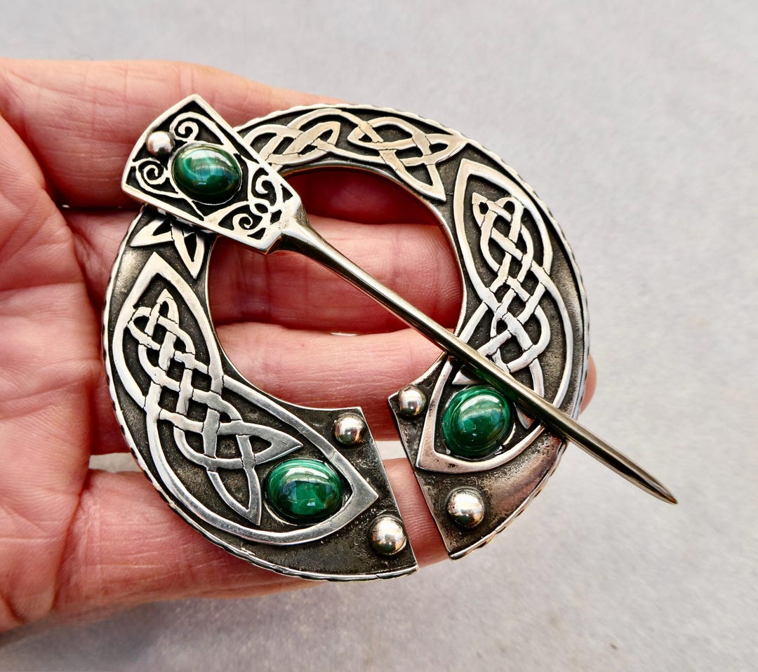 Cloak Clasp - Pennanular Brooch - White Bronze With Malachite - Etsy