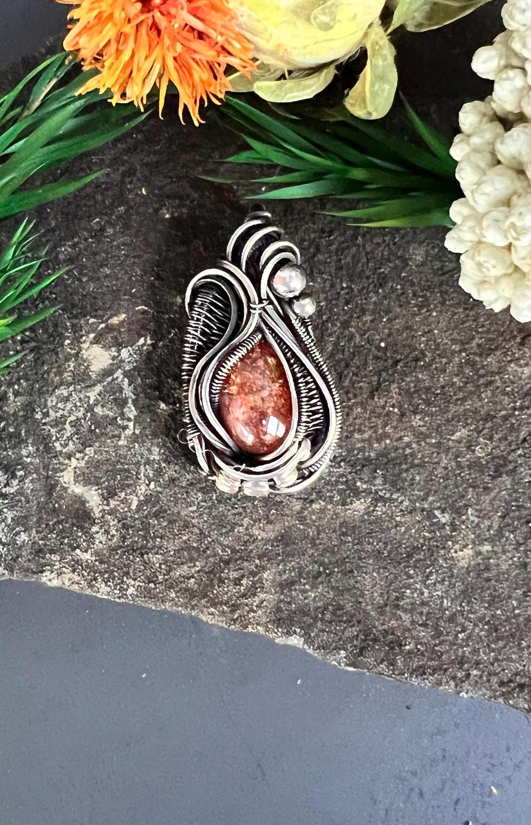 Sterling Silver Wrapped Sunstone Pendant, Adjustable Chain - Etsy