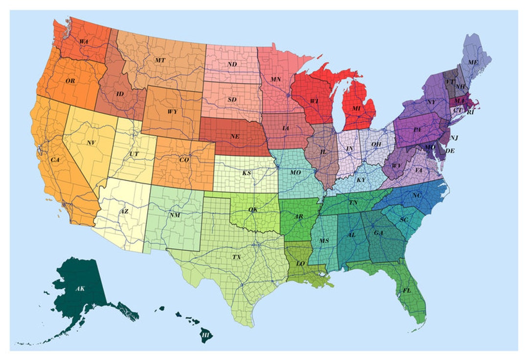 Detailed High Definition Colorful USA Map PDF DOWNLOAD Size: 10800x7200px - Etsy Australia