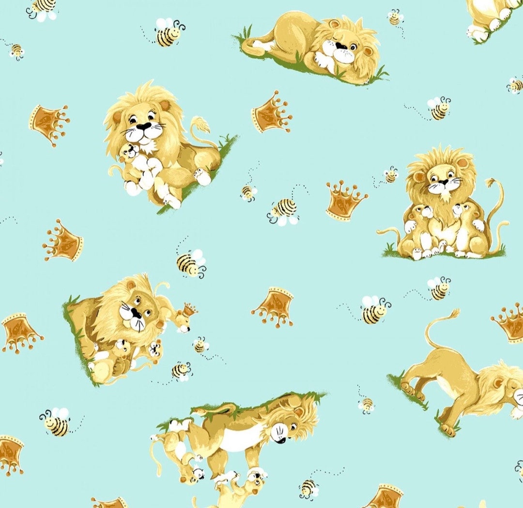 Clothworks Suzybee Lyon the Lion Toss Light Blue Background Cotton ...