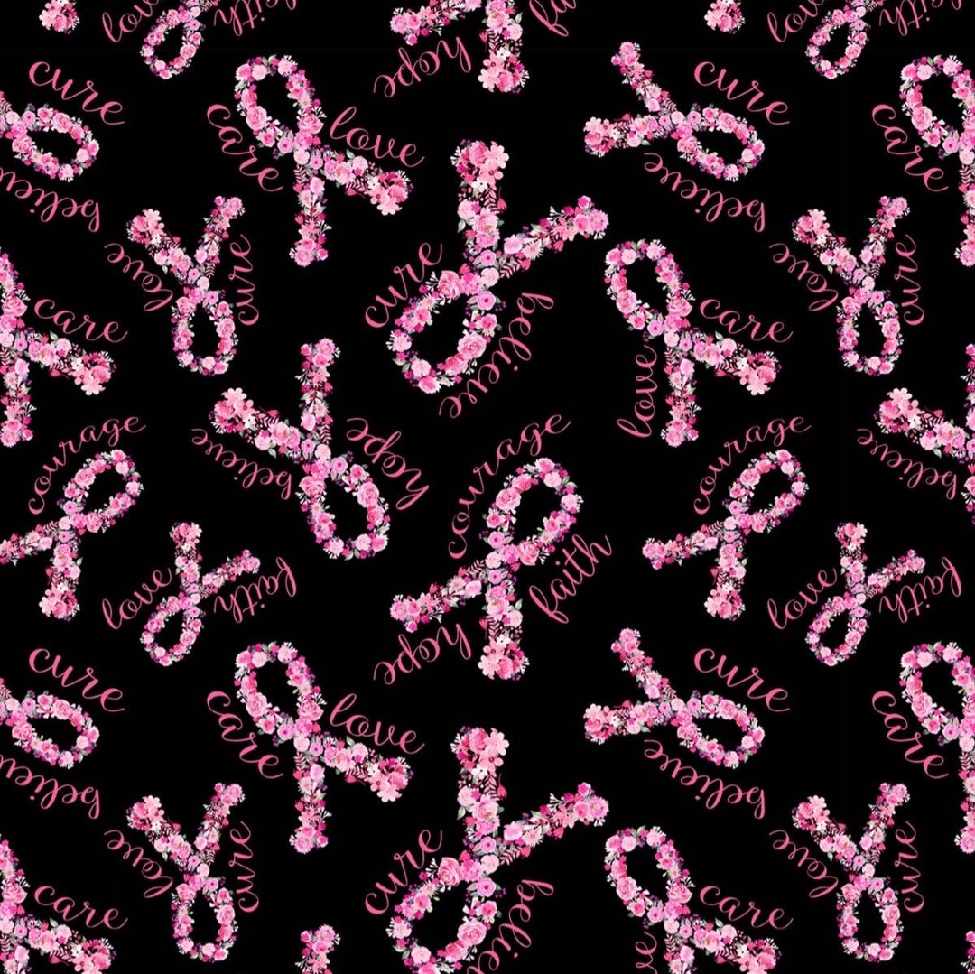 Timeless Treasures Cancer Awareness Cotton Fabric Black Pink Ribbon ...
