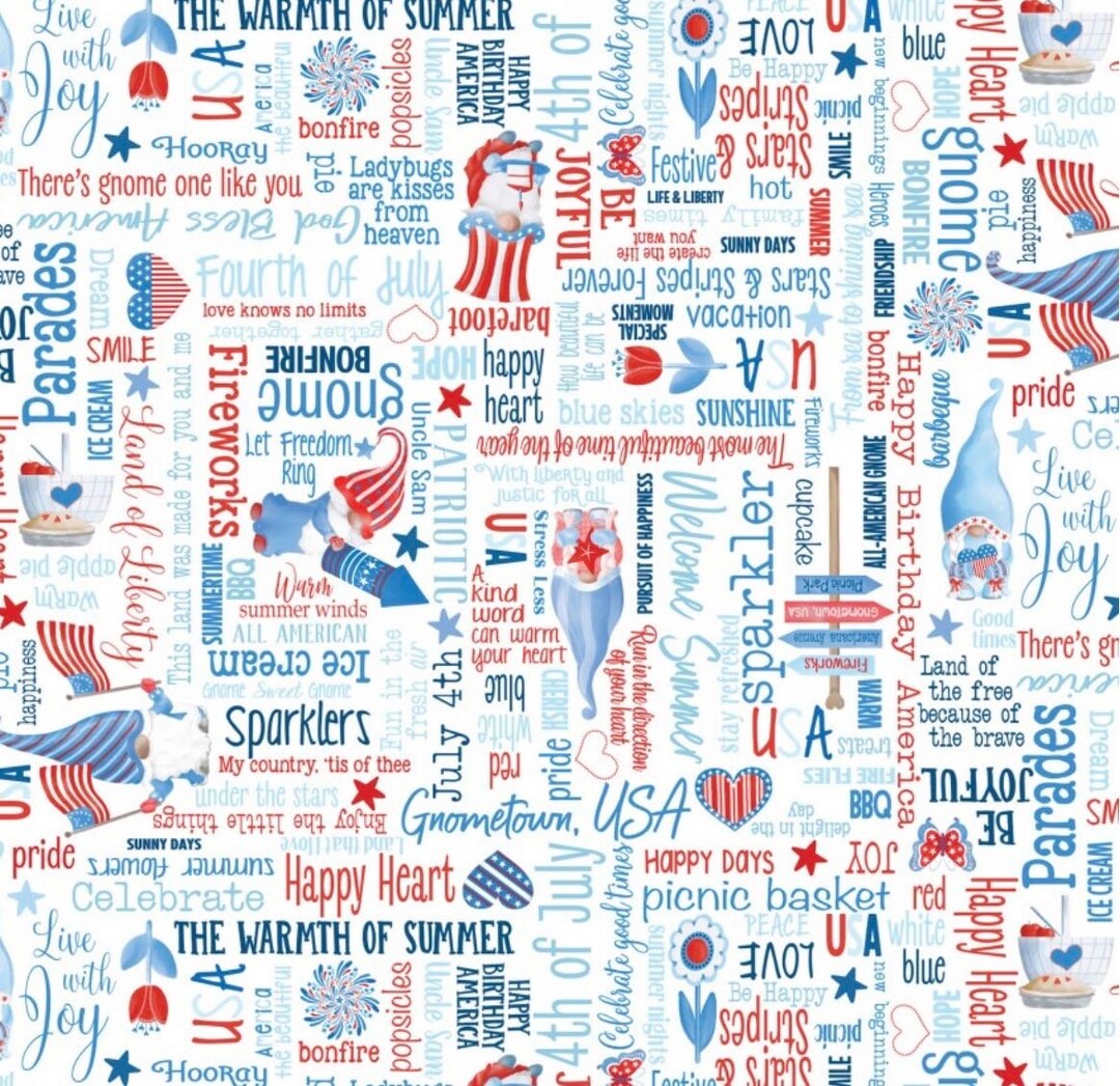 Kansas Studios All American Gnomes Text Words KAS12721-09 Cotton Fabric ...