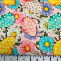 Pastel Easter Basket & Flowers Cotton Fabric, Watercolor Spring Egg ...