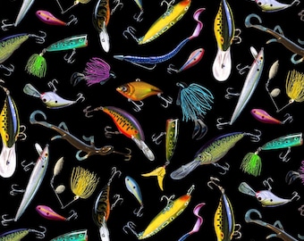 Elizabeth Studios Fishing Lures on Black Background Cotton Fabric - Etsy