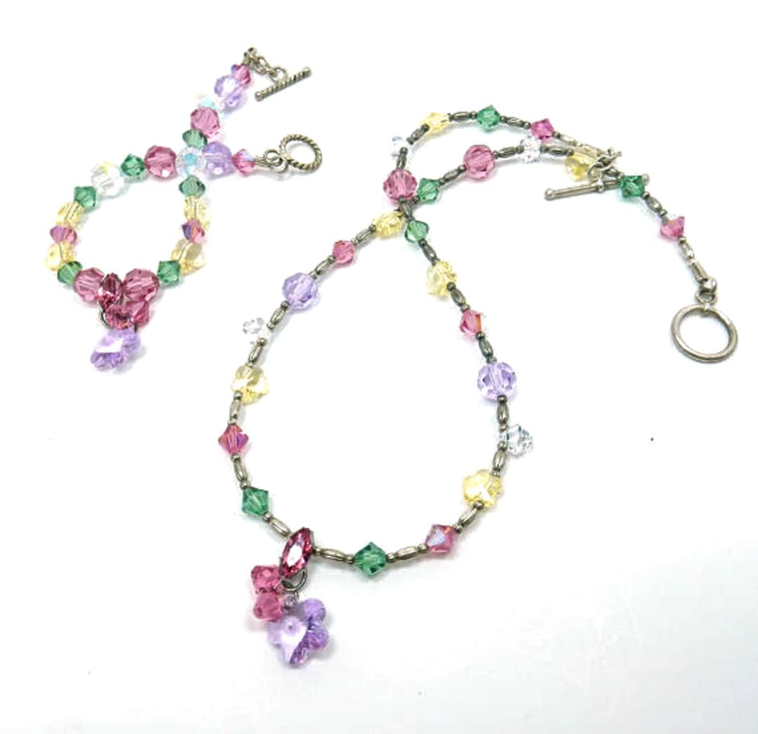 Vintage Crystal Jewelry Set - Rainbow Necklace and Bracelet - 1980s ...