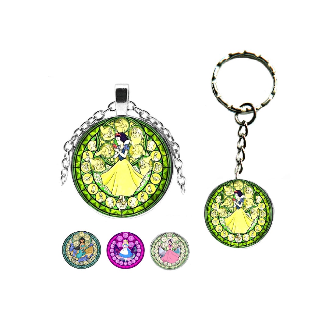 Disney Princess Glass Charm Necklace Keyring Stained Glass Style Mulan ...