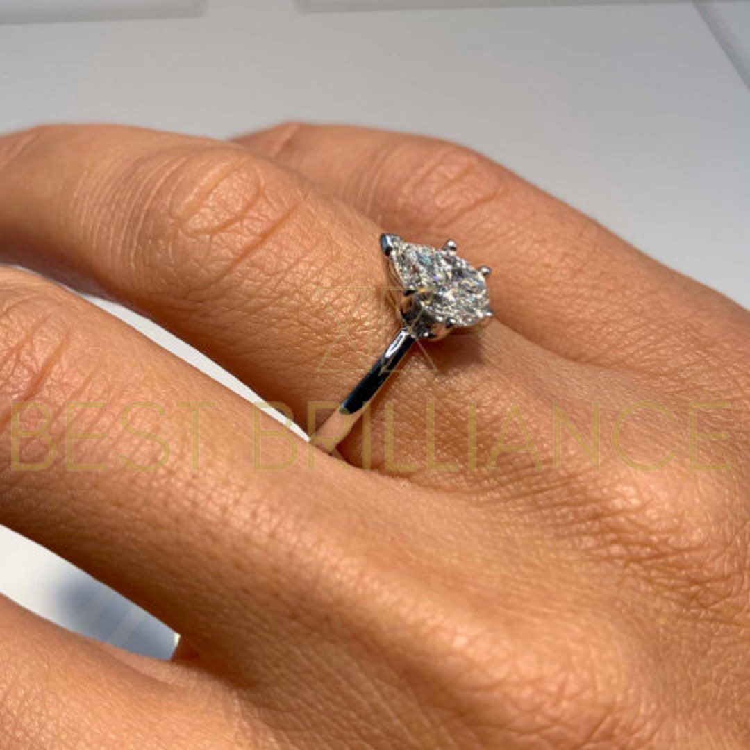 14K White Gold Proposal Ring - Pear Solitaire Style With 1 Carat Lab ...