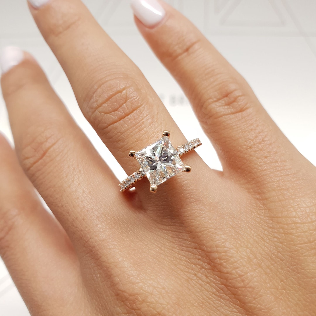 Princess Diamond Engagement Ring, 1.3 Princess Shaped , 14K Rose Gold ...
