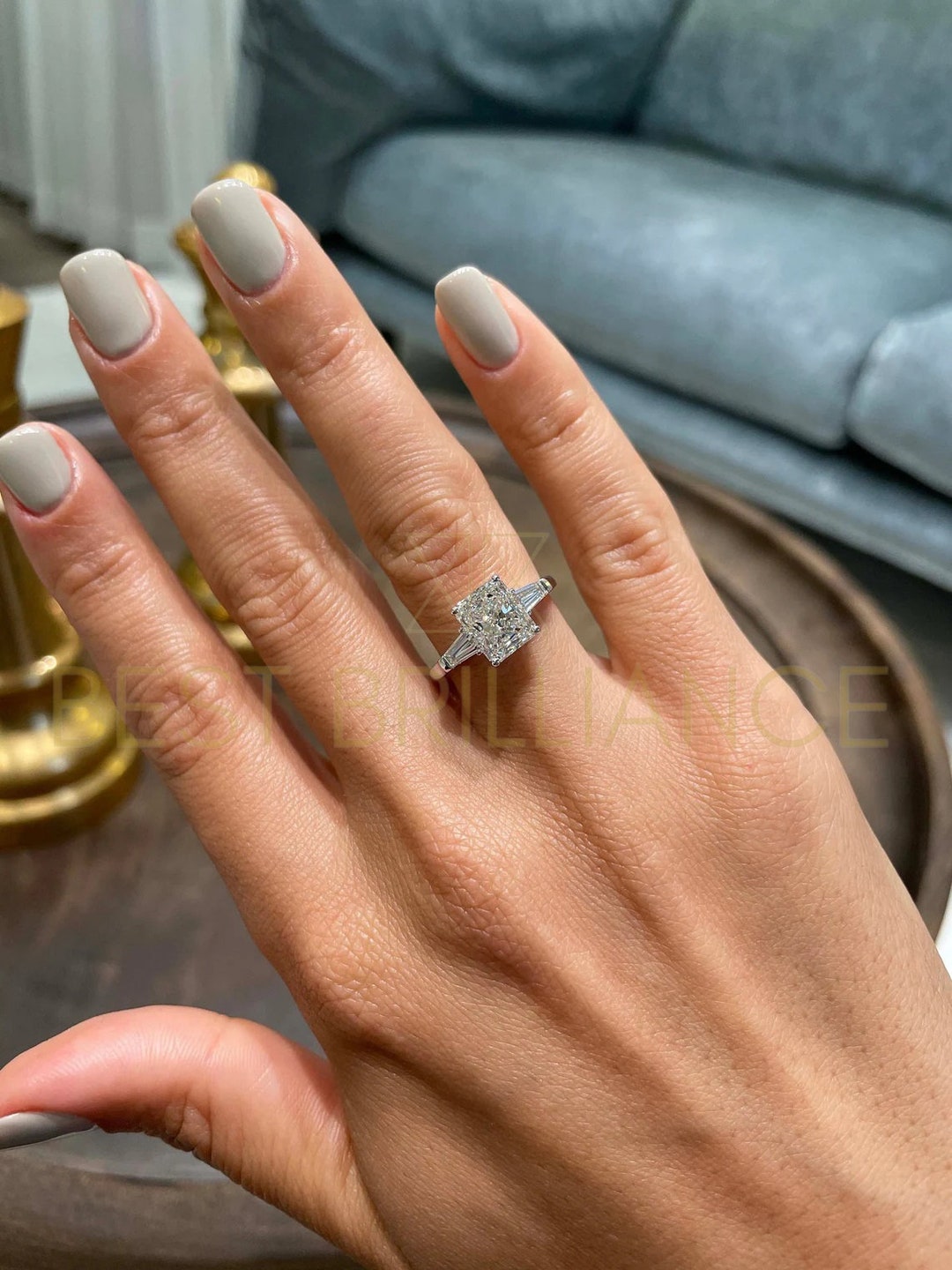 2.2 Carat Diamond Engagement Ring, Solid 18K Gold Natural Radiant Cut, Three Stone Ring, Ring ...