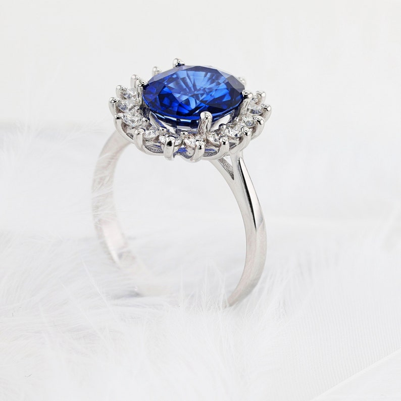 7 Carat Blue Sapphire Halo Diamond Engagement Ring 14k White - Etsy