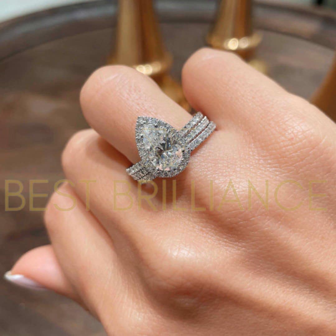 3 Rings Bridal Set, Pear Shaped Halo Ring and 2 Identical Pave Matching ...