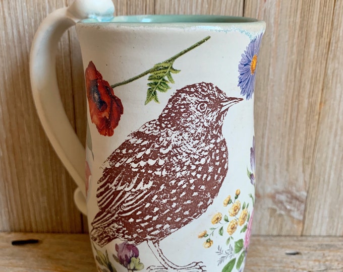 Large Starling Mug With Vintage Floralslarge Coffee Cup Bird - Etsy
