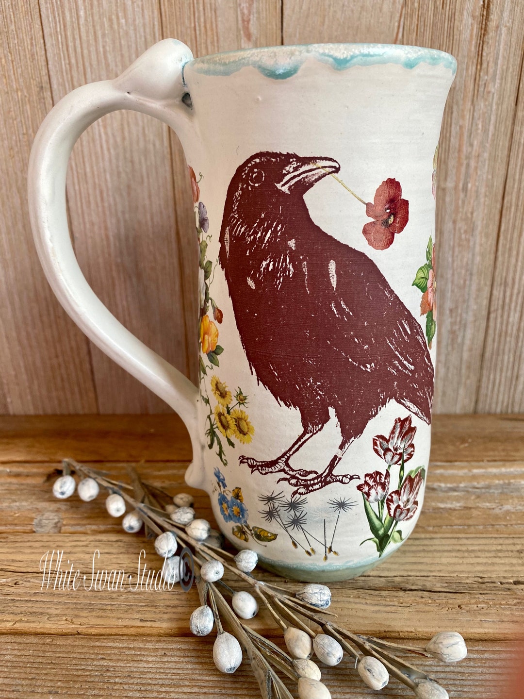 Tall Crow Mug With Colorful Flowers Oversized Crow Coffee Cup, Corvid ...