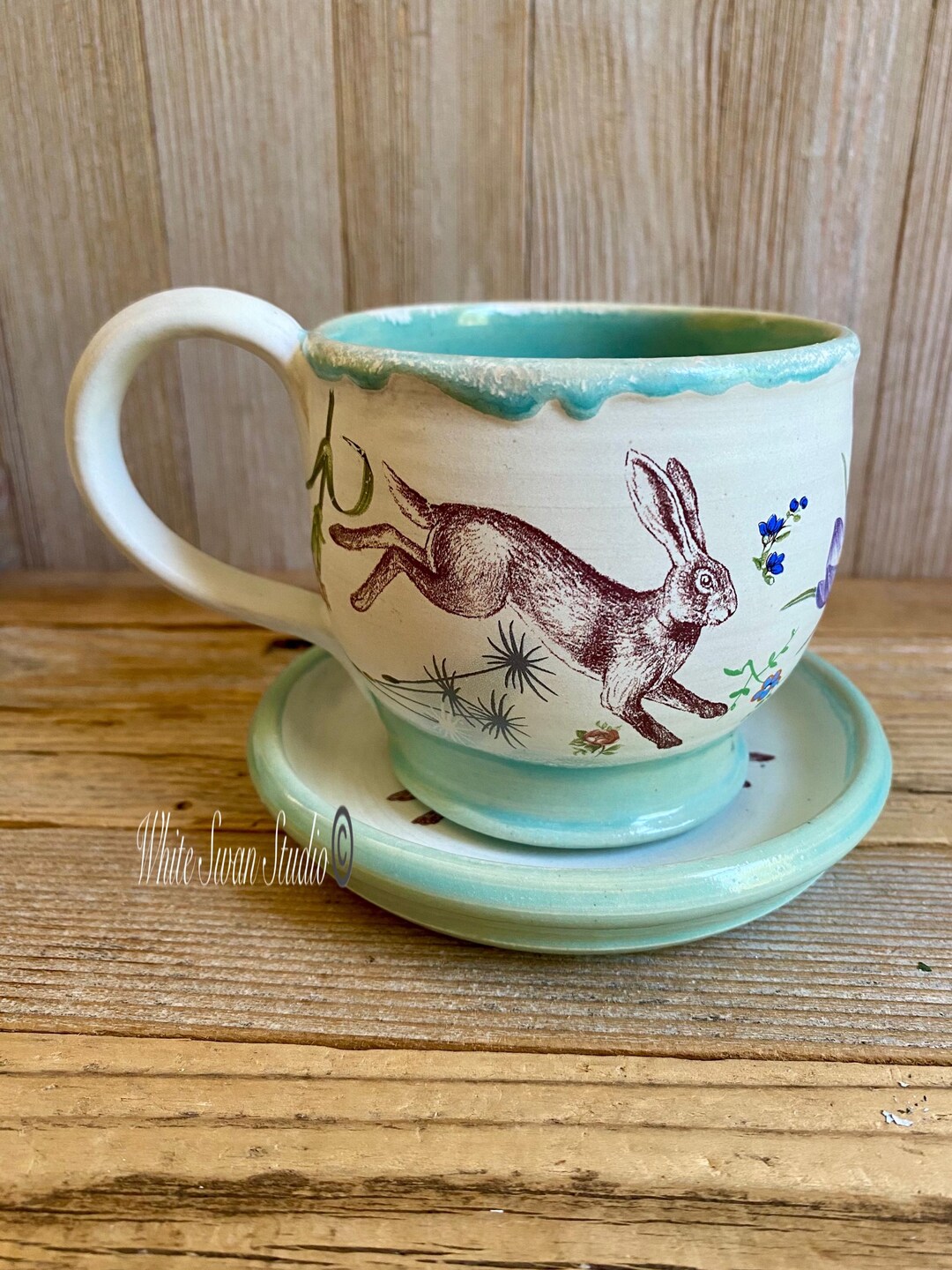 Leaping Wild Hare Tea Cup, Flowers With Saucer. Stoneware Small Cups ...