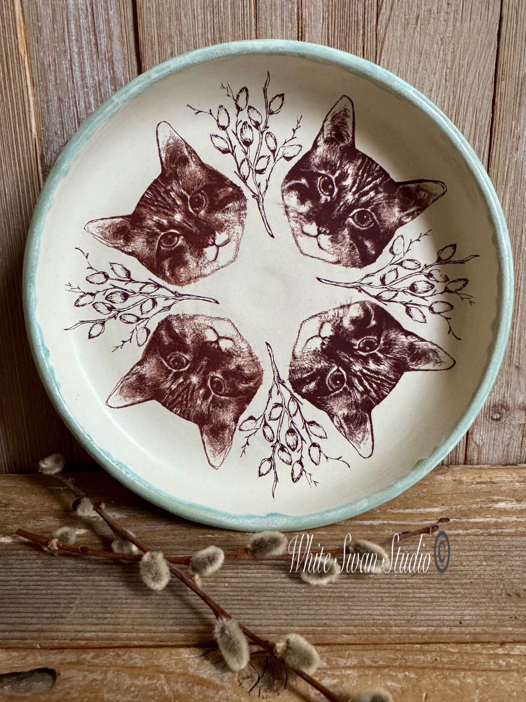 8” Plate With Tabby Cats and Pussywillows. Feline Dish, Sandwich Plate ...