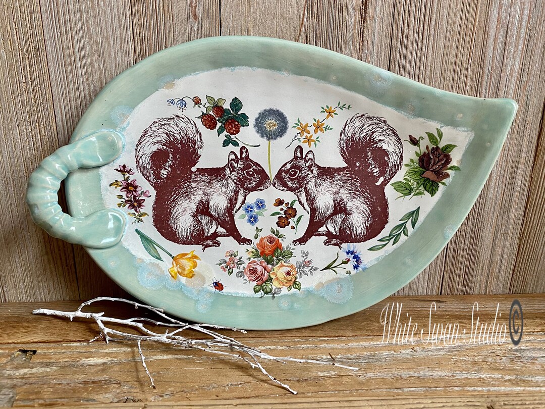 Squirrels and Floral Stoneware Tray, Handled Serving Tray,woodland ...