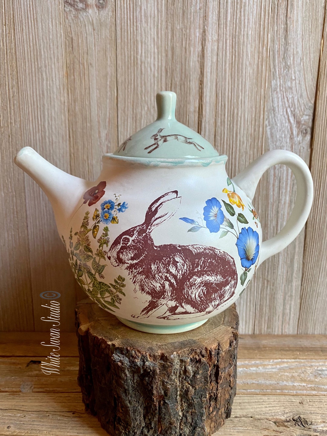 Wild Hare and Floral Teapot. Garden Theme Teapot Stoneware. 7.5 High ...