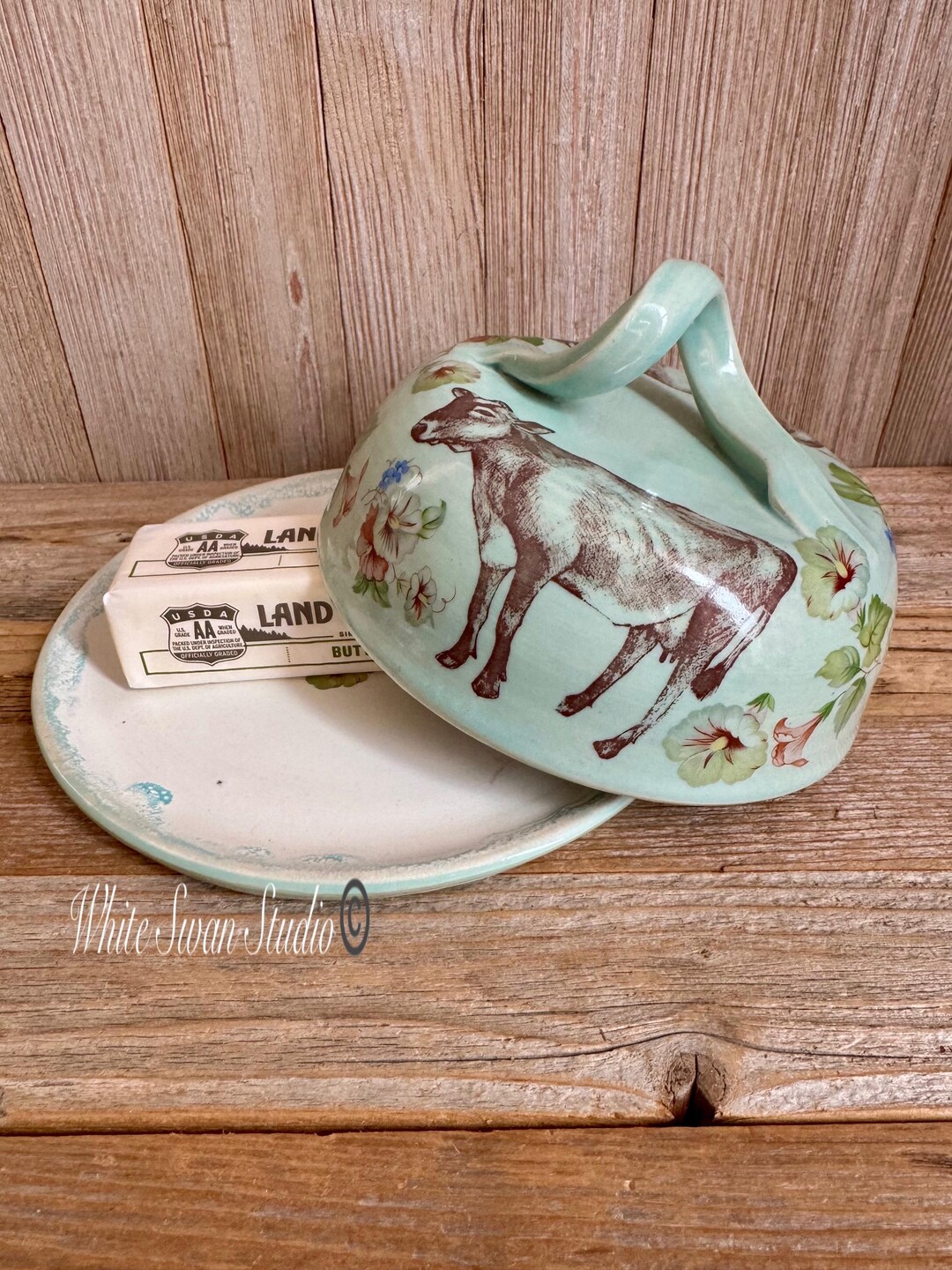 Butter Dish Server With Cow and Morning Glories, Jersey Cow Covered ...
