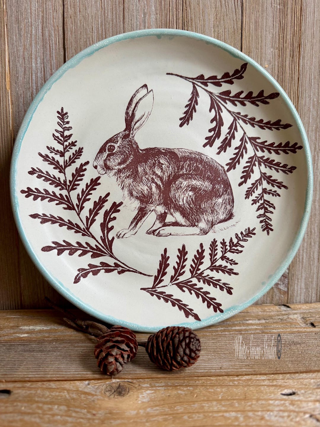 Wild Hare and Ferns Plate, Stoneware Woodland Dinnerware, Rabbit Dish ...