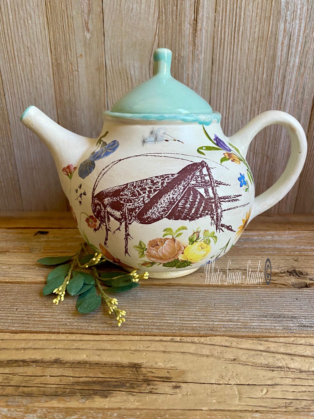 Handmade Cricket & Floral Stoneware Teapot: Garden Theme - Etsy