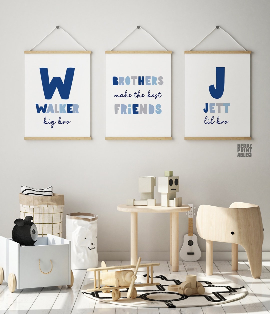 Brothers Printable Wall Art Set of 3, Custom Name Poster, Kids Playroom ...