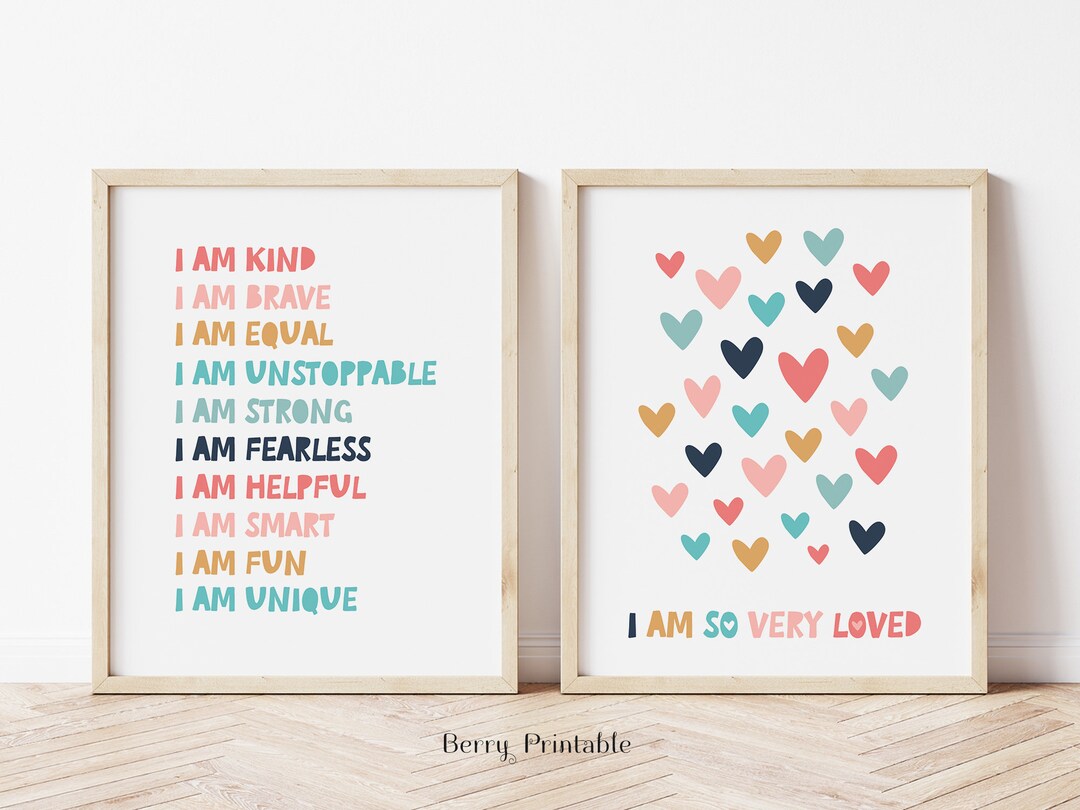Positive Affirmation Sign Set of 2, Girl Printable Wall Art, Playroom ...