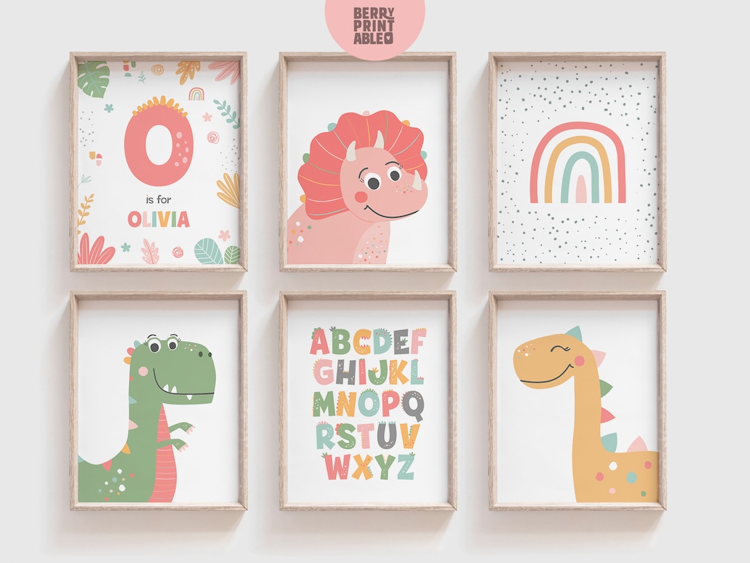 Dinosaur Wall Decor Set, Personalized Poster, Alphabet Sign, Girl ...