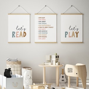 Neutral Playroom Set of 3, Positive Affirmations for Kids, Let's Play ...