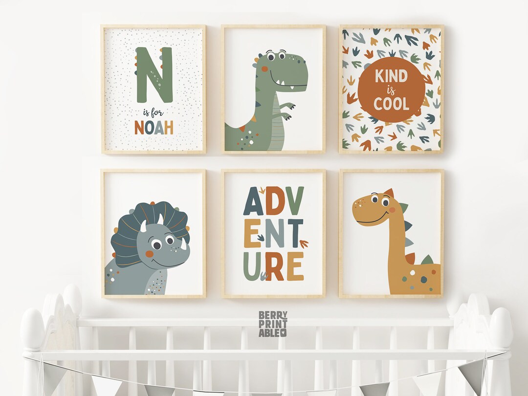 Dinosaur Wall Printable Set of 6, Personalized Name Poster, Kid Bedroom ...