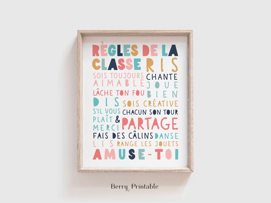 Classroom Rules Printable Wall Art in French, Girl Room Decor, Rainbow ...