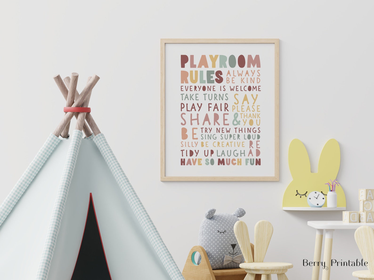 Playroom Rules Printable Set of 3, Custom Name Poster, Neutral Rainbow ...