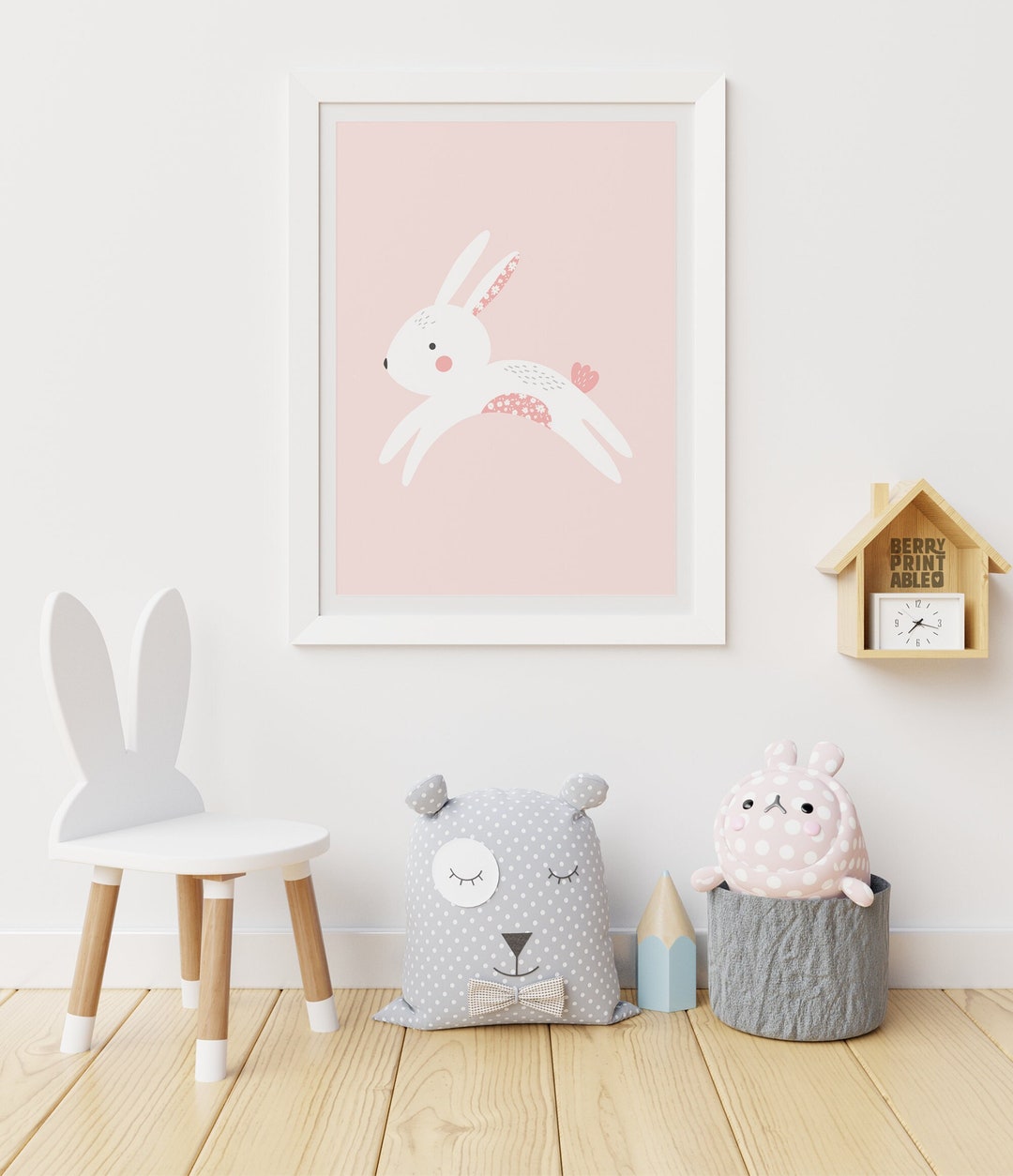 Pink Bunny Printable, Girl Room Wall Art, Floral Room Decor, Rabbit ...