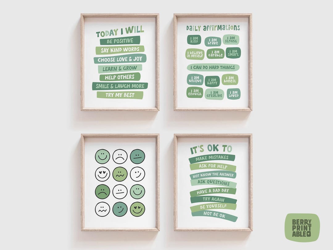 Sage Green Playroom Set of 4, Positive Affirmations for Kids, It's OK ...