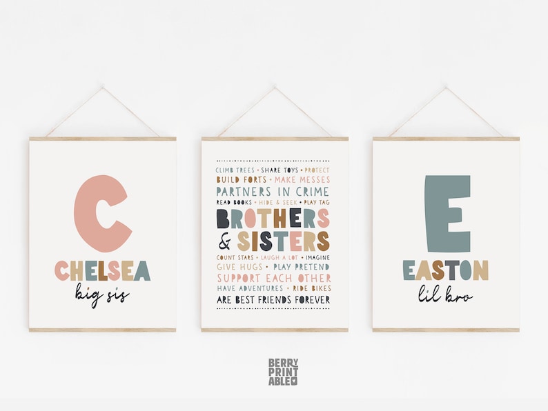 Kids Room Printable Wall Art Set of 3, Custom Poster, Big Sis Lil Bro ...