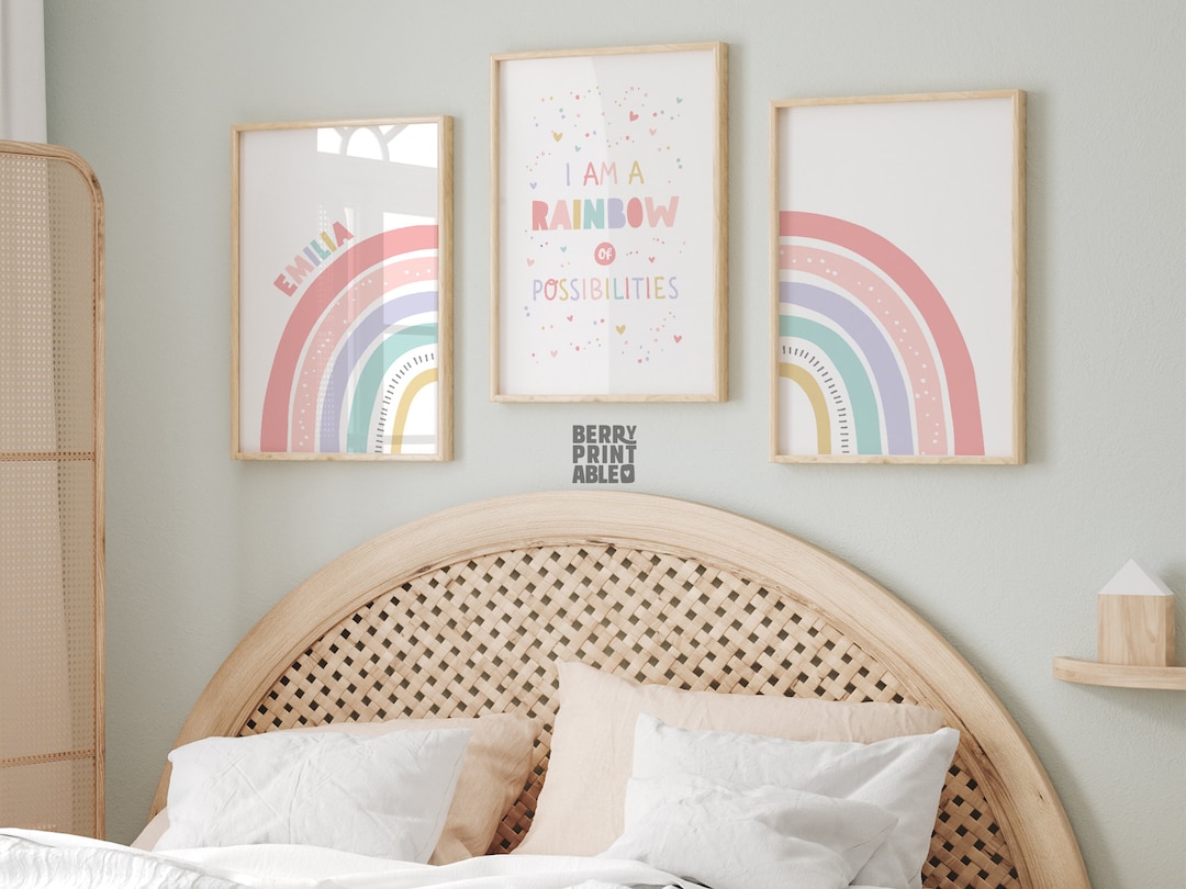 Rainbow Printable Wall Art, Set of 3, Custom Name Poster, Girl Bedroom ...