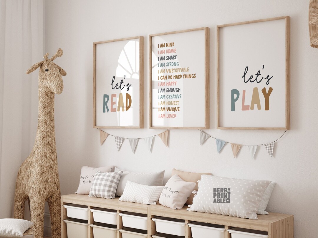 Neutral Playroom Set of 3, Positive Affirmations for Kids, Let's Play ...