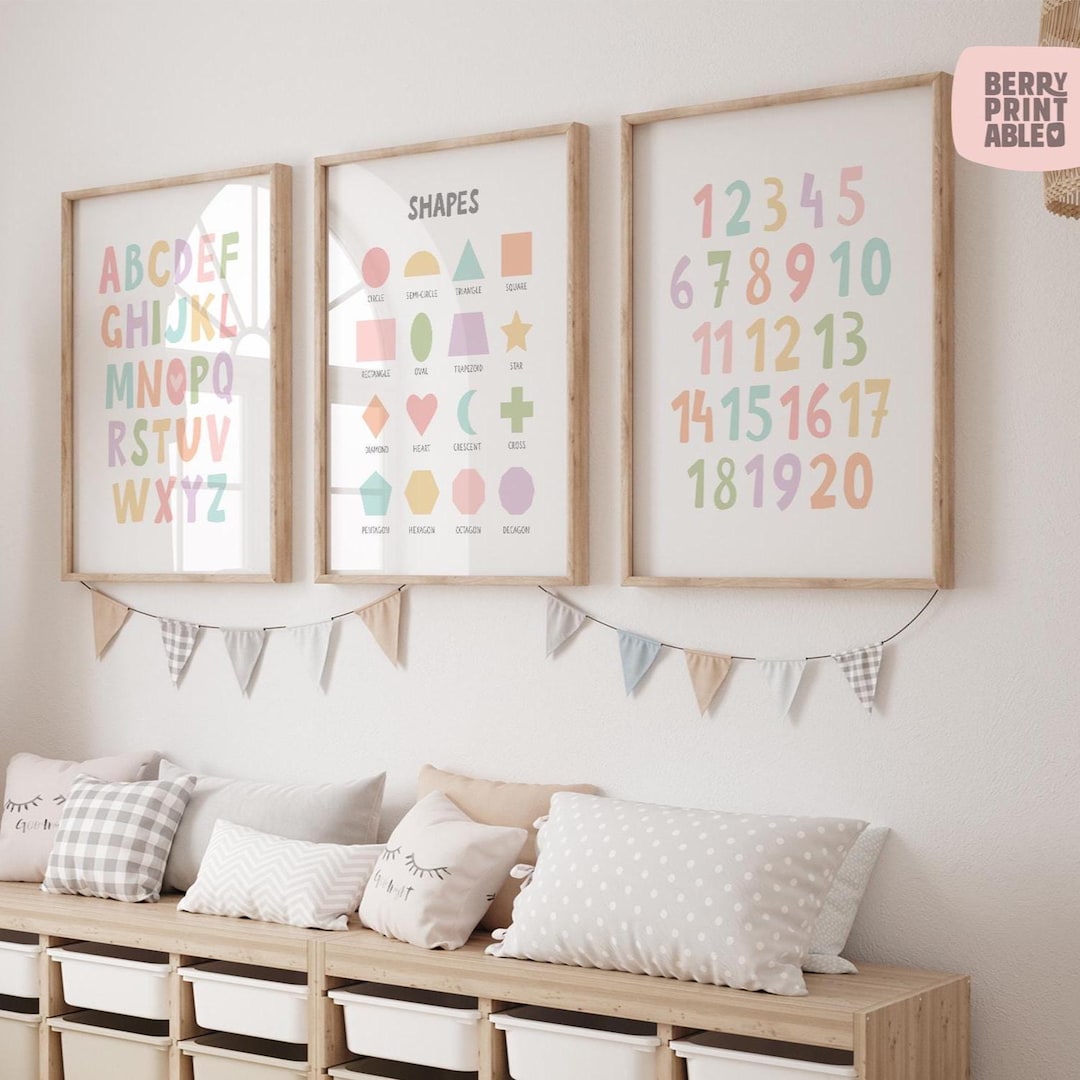 Playroom Set of 3, Shapes Printable, Alphabet Poster, Girl Playroom ...